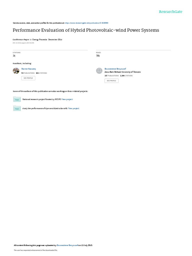 Performance Evaluation Of Hybrid Photovoltaic Wind Pdf