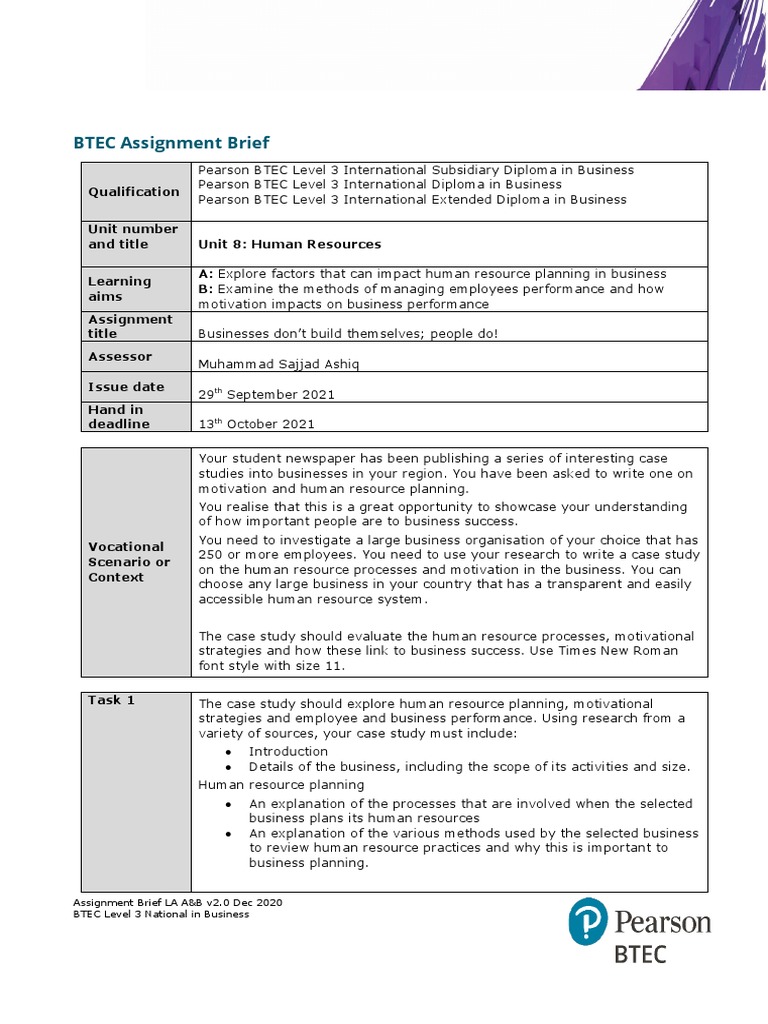 Unit 8 Human Resources Learning Aim AB Assignment Brief | PDF | Motivation | Motivational