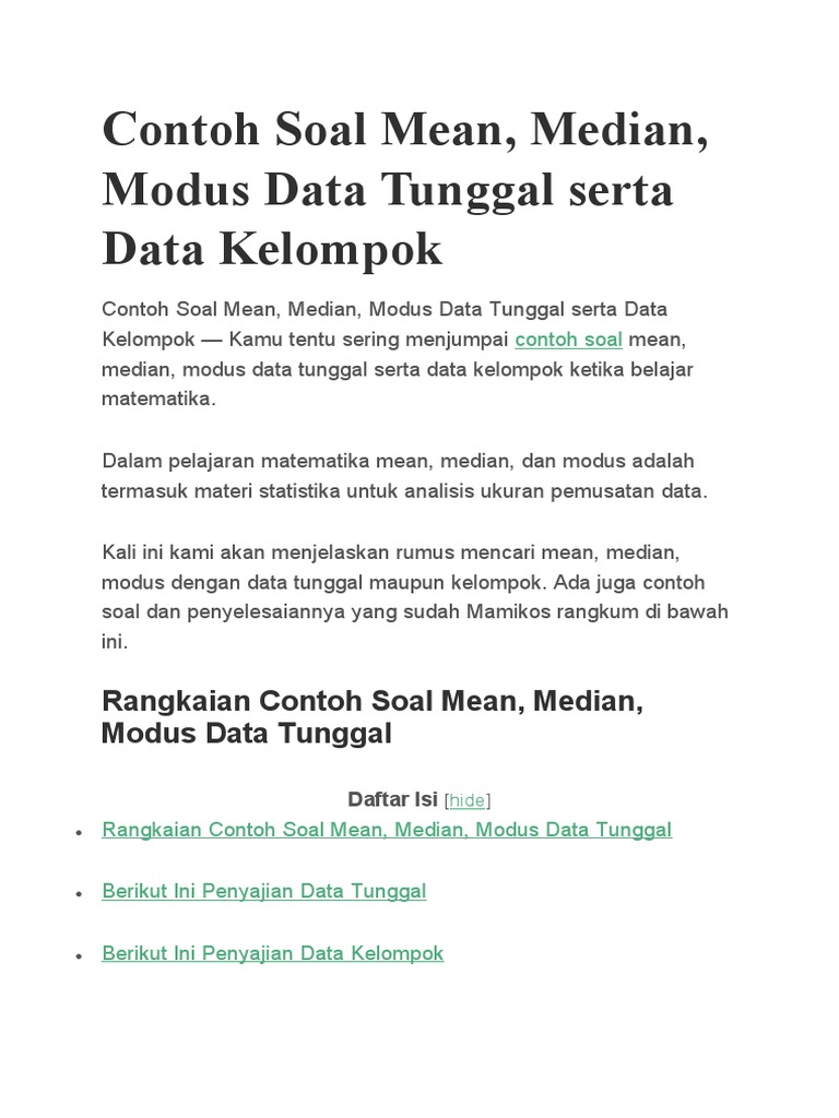 Contoh Soal Mean, Median, Modus Data Tunggal Serta Data Kelompok | PDF