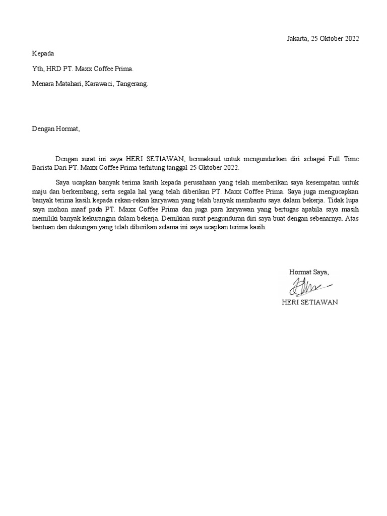 Surat Pengunduran Diri Heri Setiawan | PDF