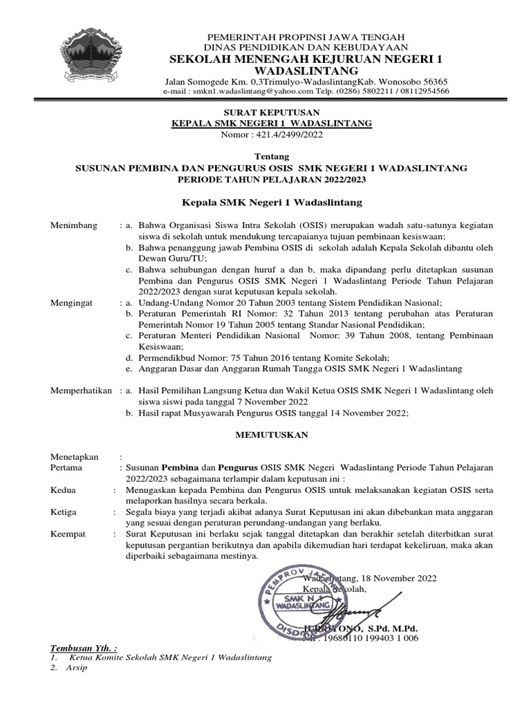 SK Pengurus Osis 2022 23 | PDF