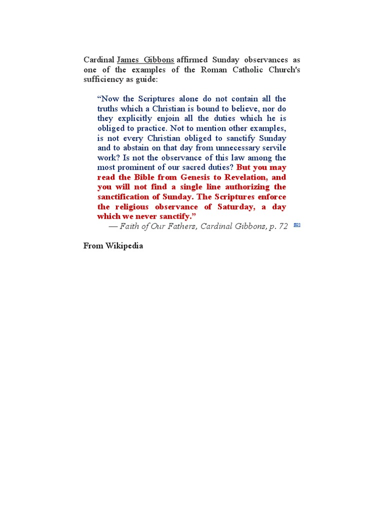 Cardinal James Gibbons On Sunday Vs Sabbath Observance | PDF | Politics ...