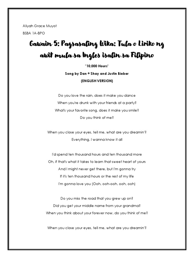 Gawain 5 Pagsasaling Wika Tula o Liriko NG Awit Mula Sa Ingles Isalin ...