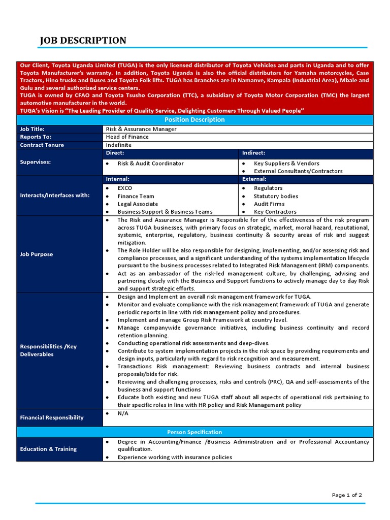 Toyota Uganda Risk Manager Job | PDF | Risk | Risk Management