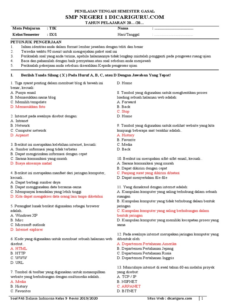 Soal PTS TIK Kelas 9 | PDF