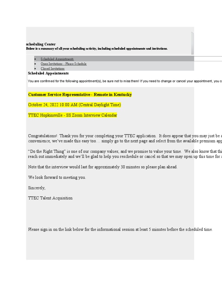 Scheduling Center Ttec | PDF | Career & Growth