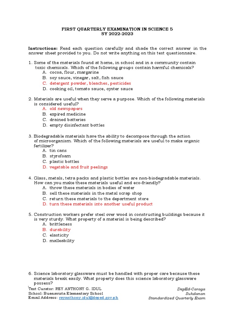 Answer Keys For First Quarterly Exam | PDF | Recycling | Water