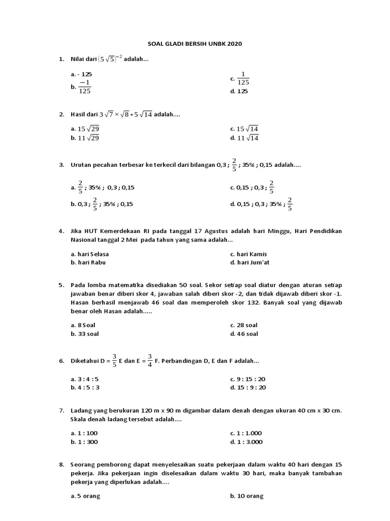 Soal Gladi Bersih UNBK 2020 | PDF