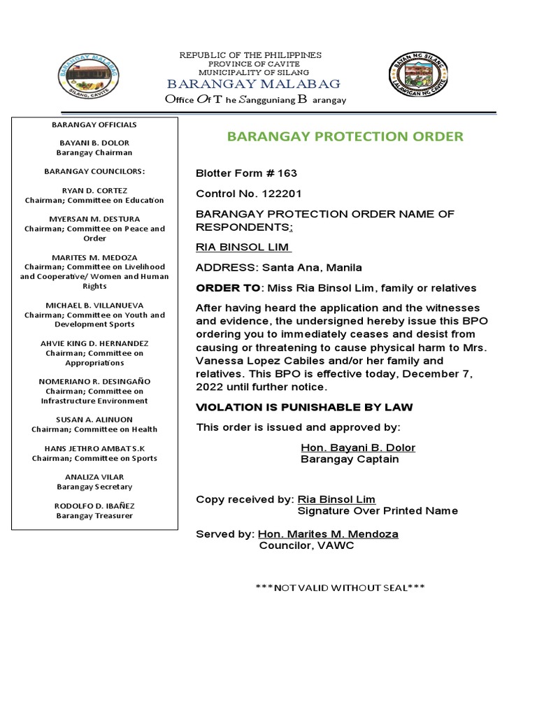BPO -Barangay Protection Order | PDF | Philippines