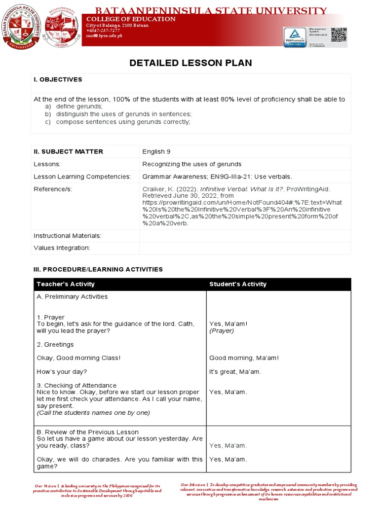 G10 Bse2b Tag Lesson Plan | PDF | Sentence (Linguistics) | Subject ...