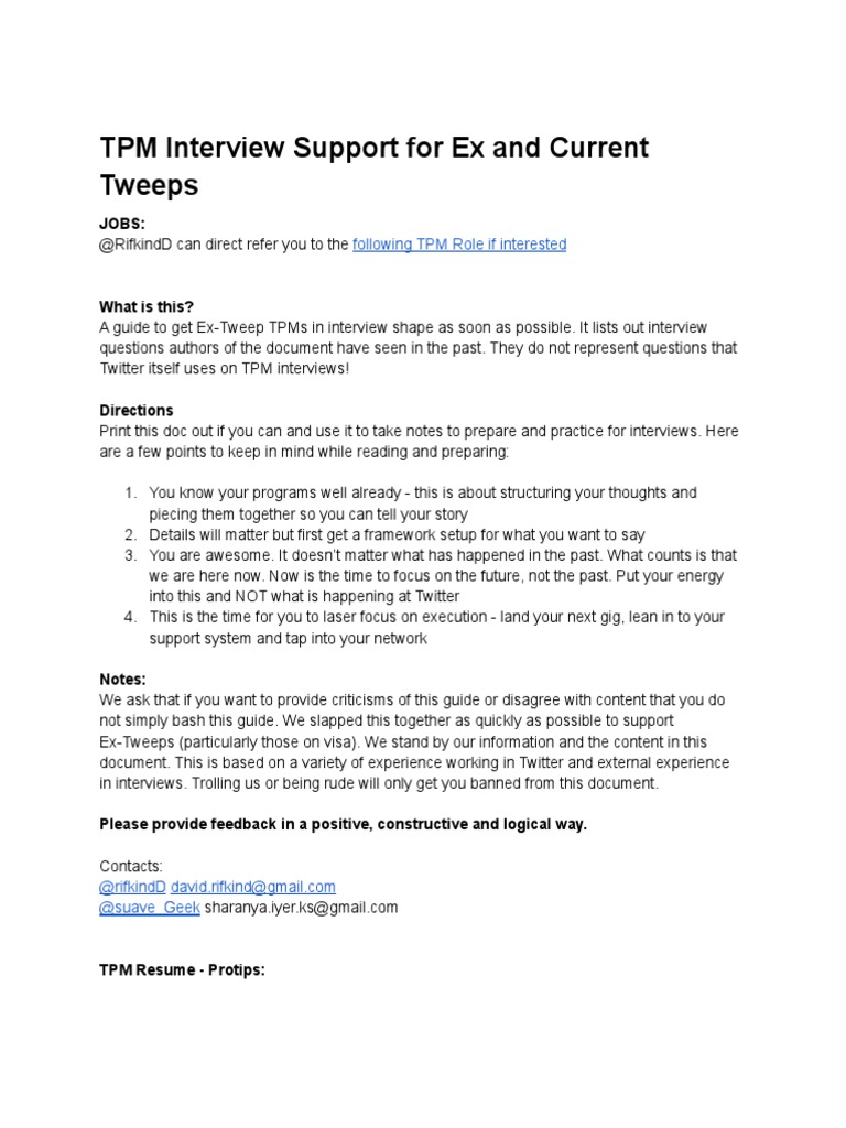 (View) TPM Interview Support For Ex and Current Tweeps | PDF | Recruitment | Communication