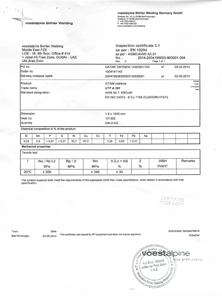 ER Cu Ni Filler Wire 1.6mm Batch Certificate B.No# 101302 | PDF