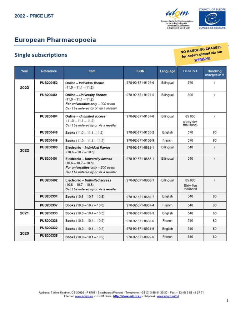 European Pharmacopoeia Price List 2023 | PDF | Computing