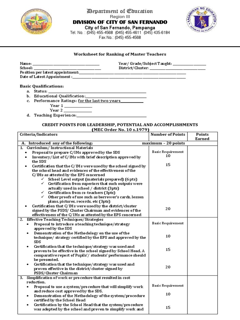 Criteria For Ranking Master Teacher | Download Free PDF | Teachers