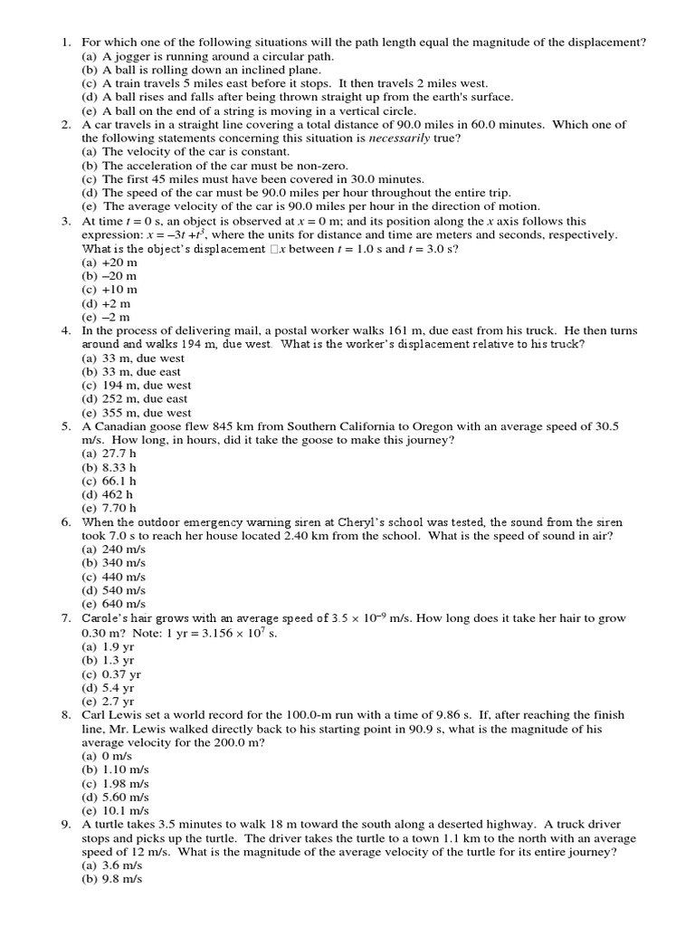1 - Quiz - 1D - Kinematics | PDF | Speed | Acceleration