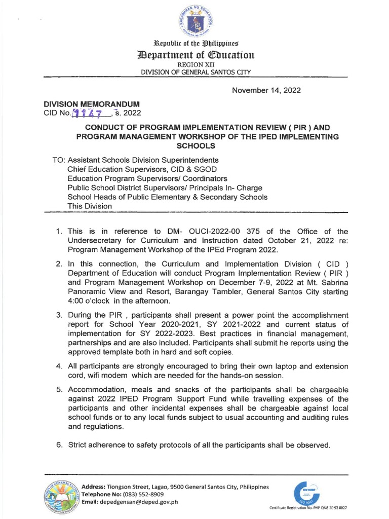 Division Memo No. 1147, S. 2022 - Conduct of Program Implementation ...