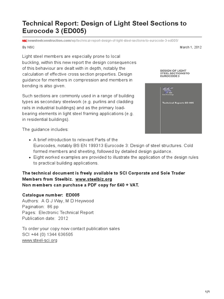 Technical Report Design of Light Steel Sections To Eurocode 3 ED005 | PDF