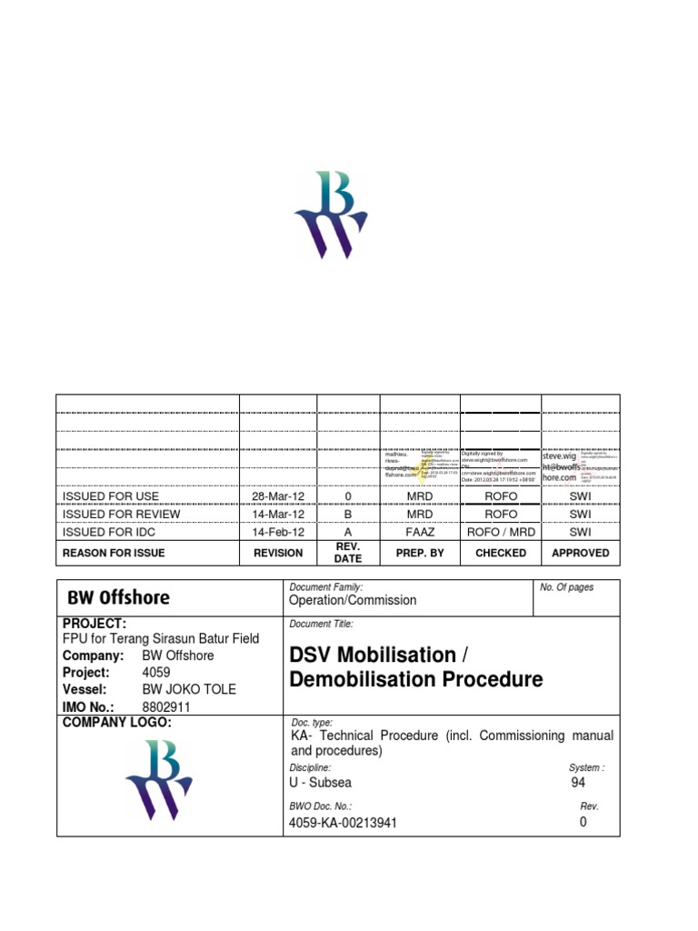 Mobilisation and Demobilisation Procedure for the DSV Toisa Paladin in Support of the FPU ...