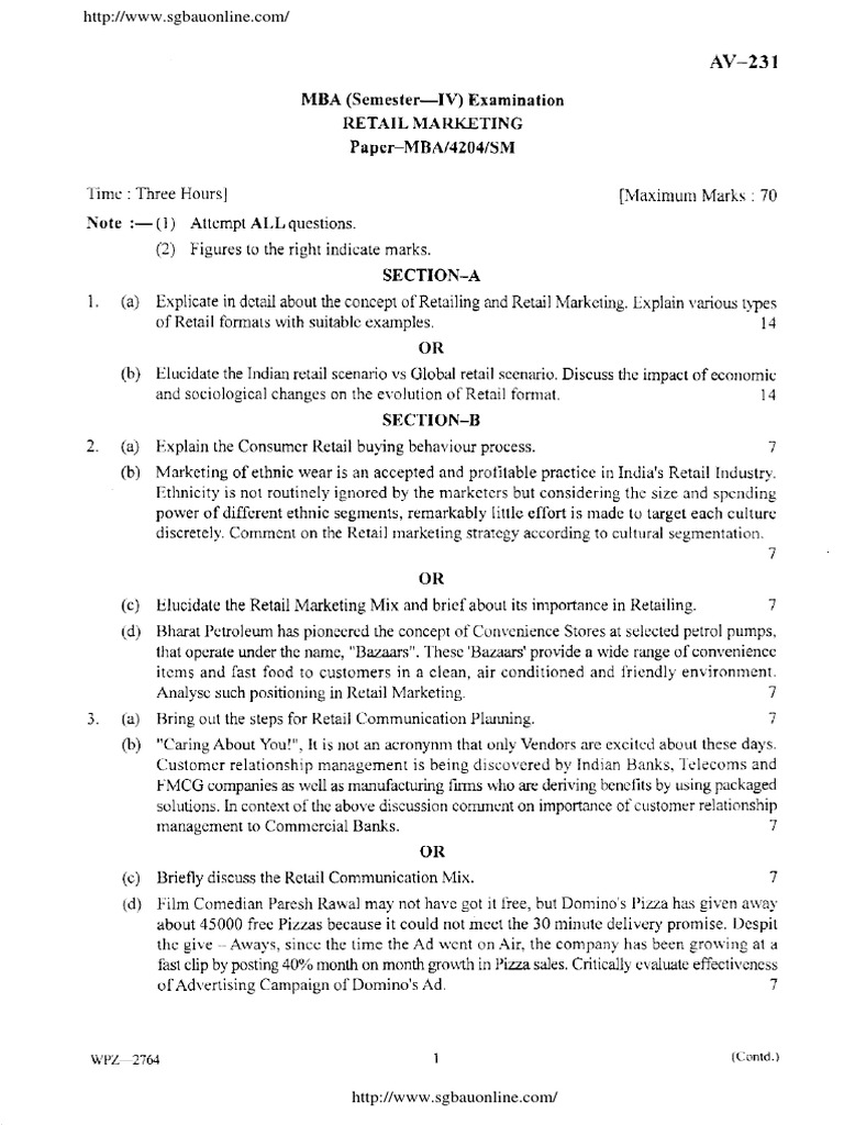 Retail Marketing Examination Paper | PDF | Marketing | Retail