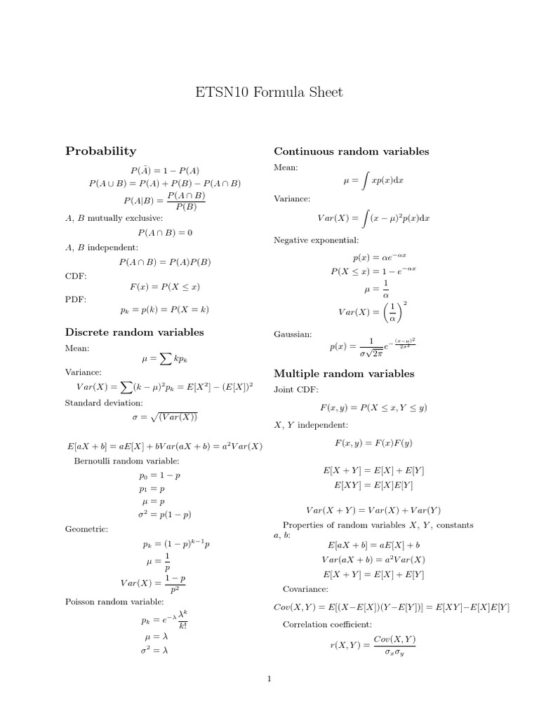 Formula Sheet | PDF | Normal Distribution | Applied Mathematics