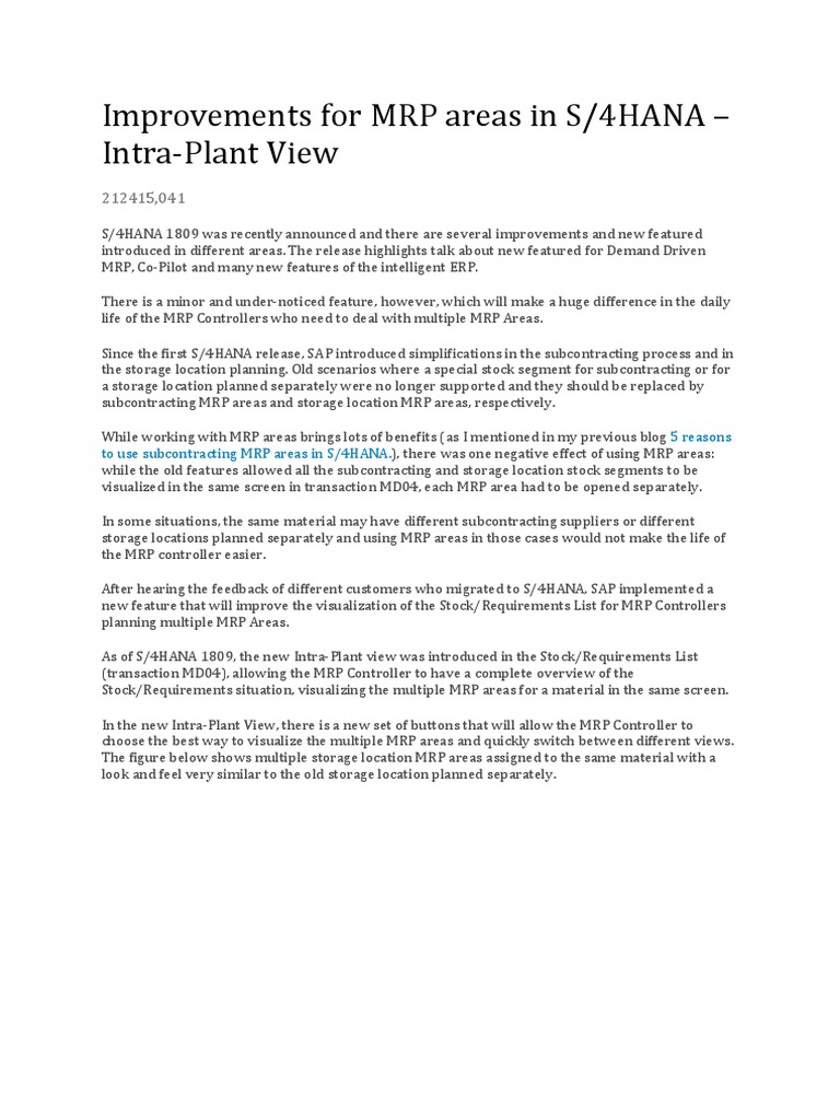 Improvements For MRP Areas in S4 Hana Intra Plant | Download Free PDF ...