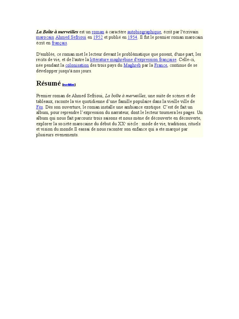 La Boîte À Merveilles Est Un Roman À Caractère Autobiographique | PDF
