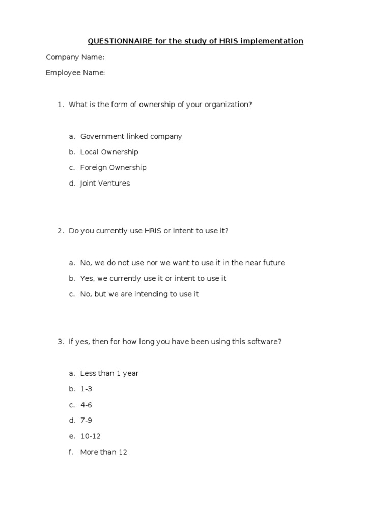 Questionnaire HRIS | PDF | Information Technology | Accountability