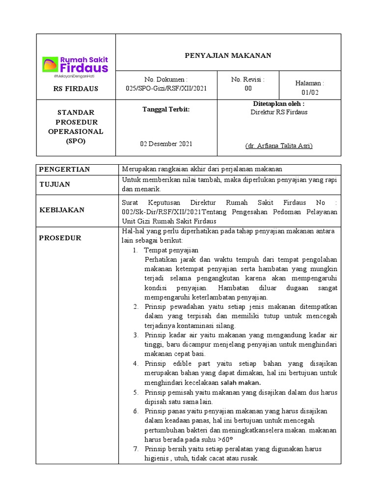 Standar Penyajian Makanan RS Firdaus | PDF | Kesehatan Holistik | Sains ...