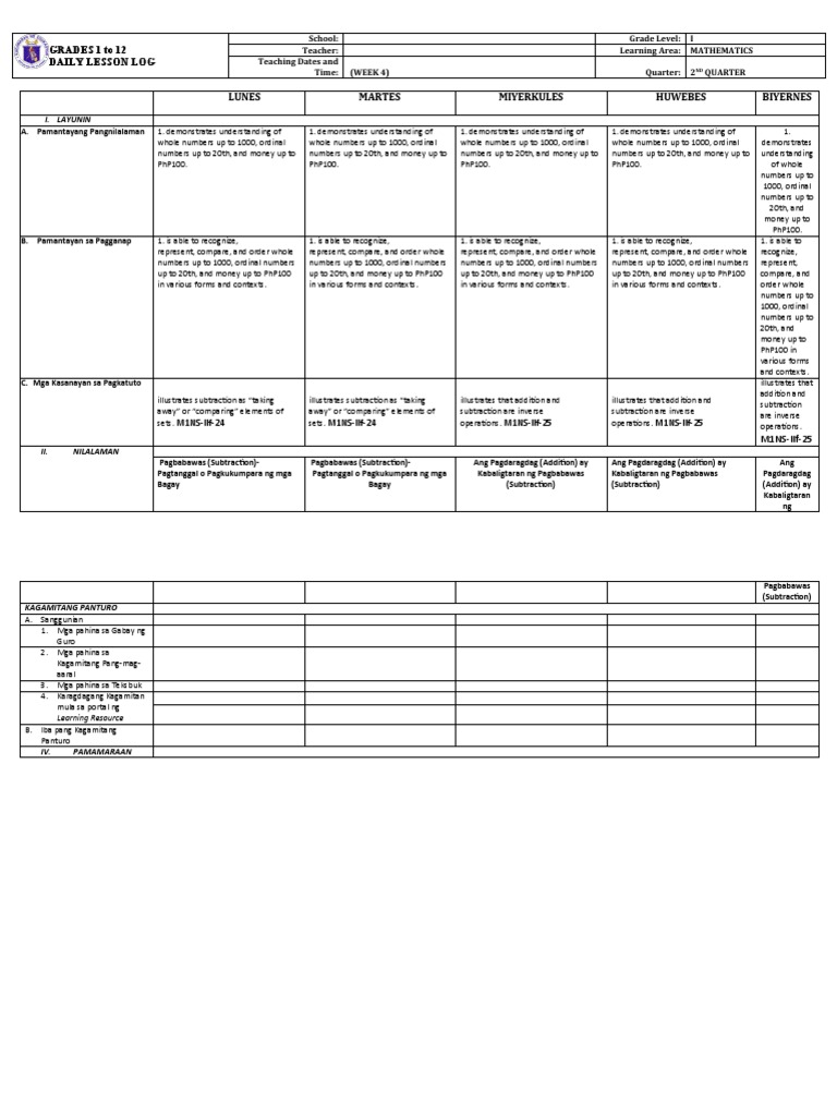 DLL - Mathematics 1 - Q2 - W4 | PDF | Subtraction | Mathematics