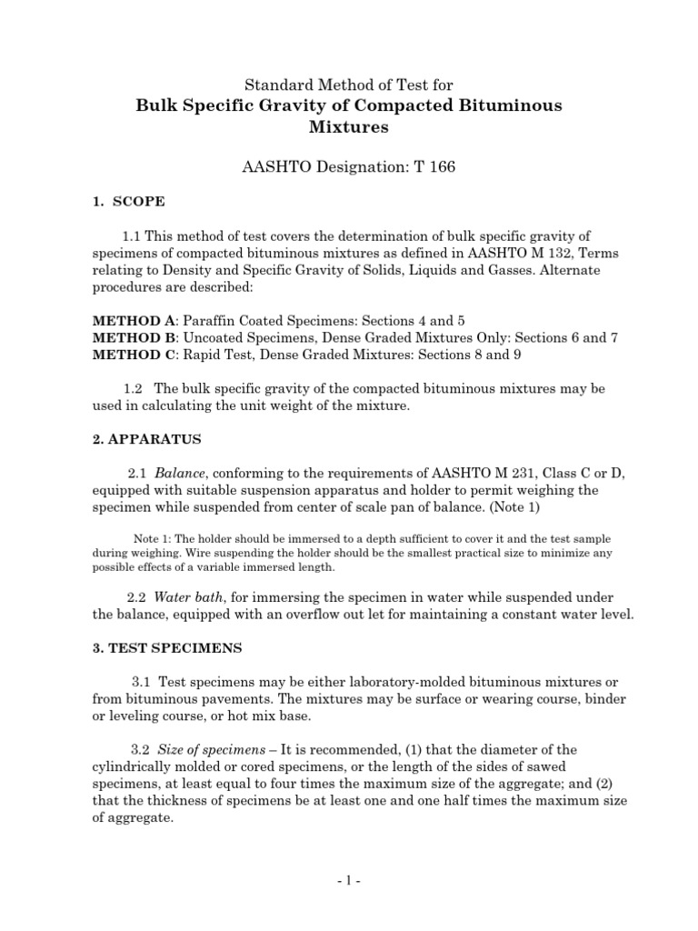 AASHTO T 166-Standard Method of Test For Bulk Specific Gravity of ...