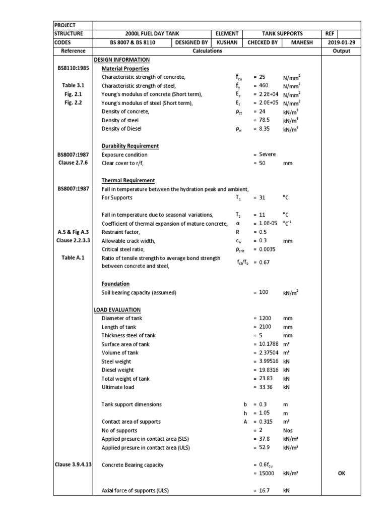 Diesel Tank Design Specifications | PDF | Concrete | Strength Of Materials