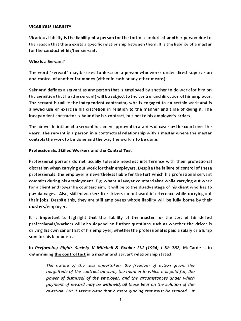 VICARIOUS LIABILITY AND THE CONTROL TEST | PDF | Legal Liability | Tort