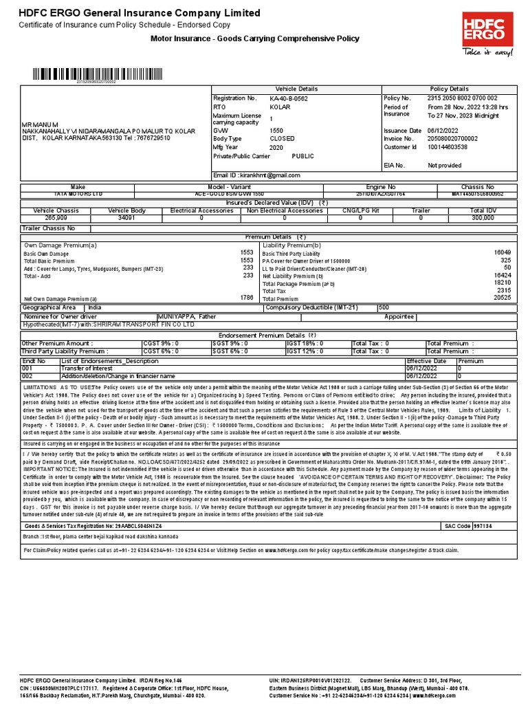 Endorsement HDFC Format Motor | PDF | Insurance | Vehicle Insurance
