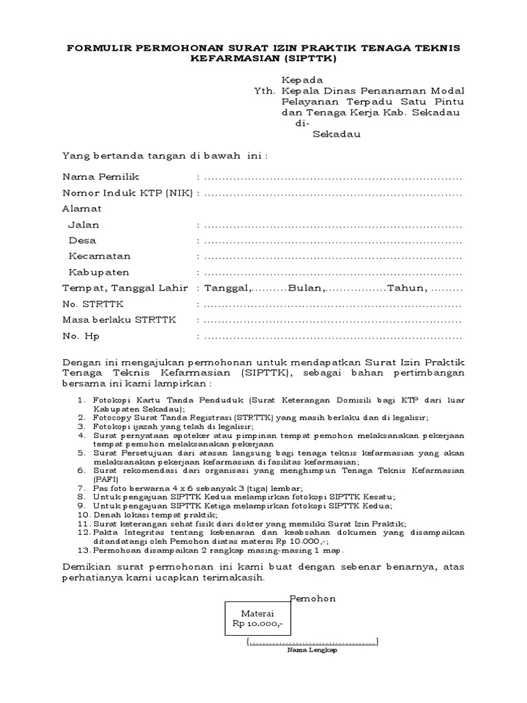 FORMULIR Izin Praktik Tenaga Teknis Kefarmasian 2022 | PDF