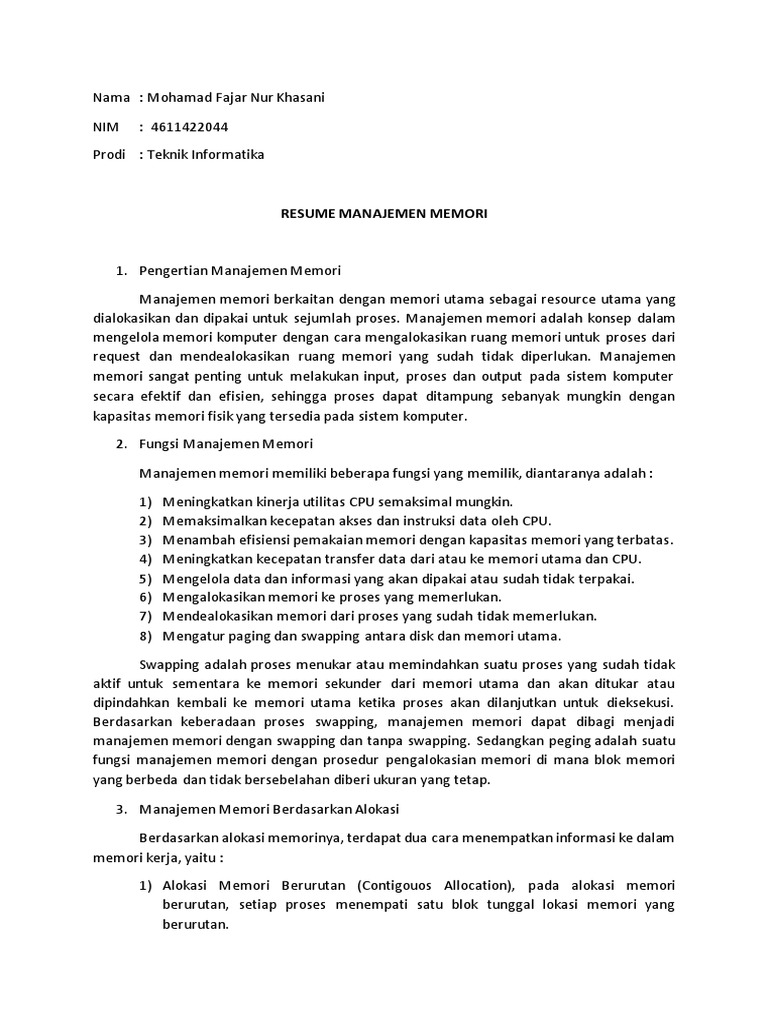 Resume Manajemen Memori | PDF | Karier & Perkembangan | Komputer
