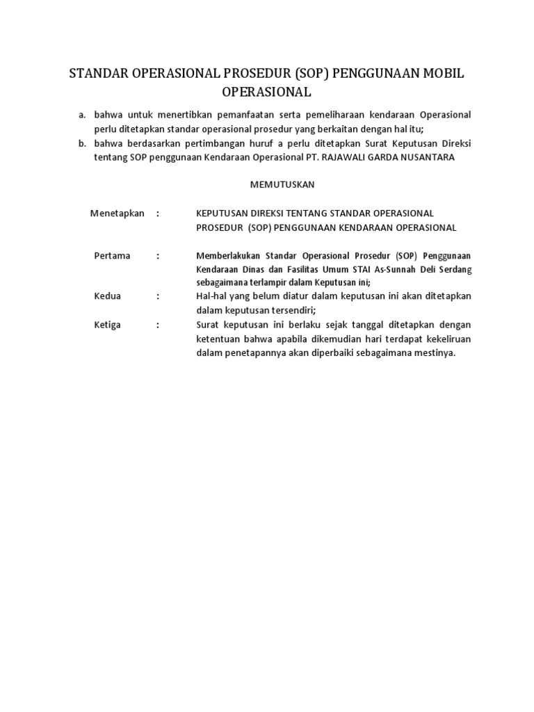 Sop Penggunaan Mobil Operasional | PDF