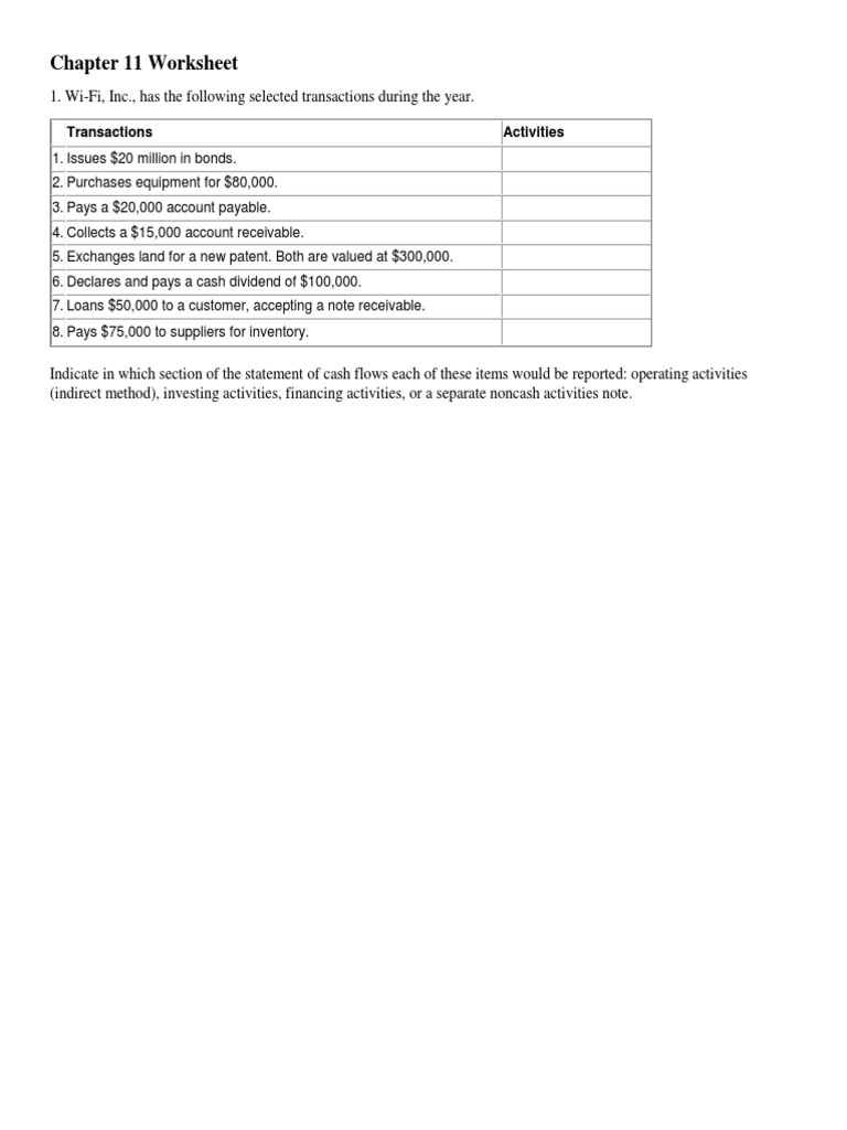 Chapter 11 Worksheet | Download Free PDF | Cash Flow Statement | Equity (Finance)