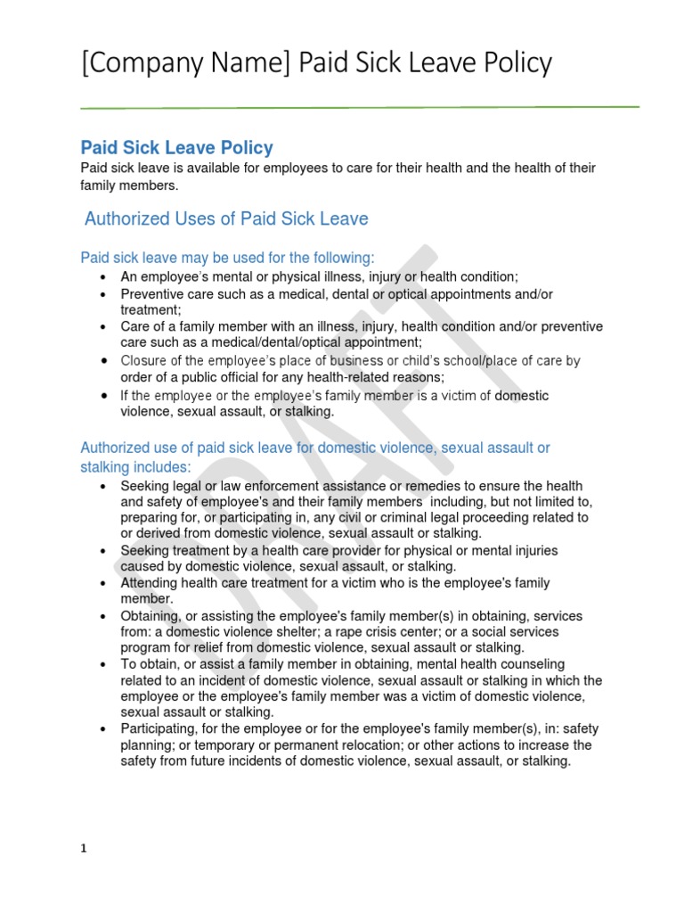 Basic Paid Sick Leave DRAFT Sample Policy | PDF | Sick Leave | Accrual
