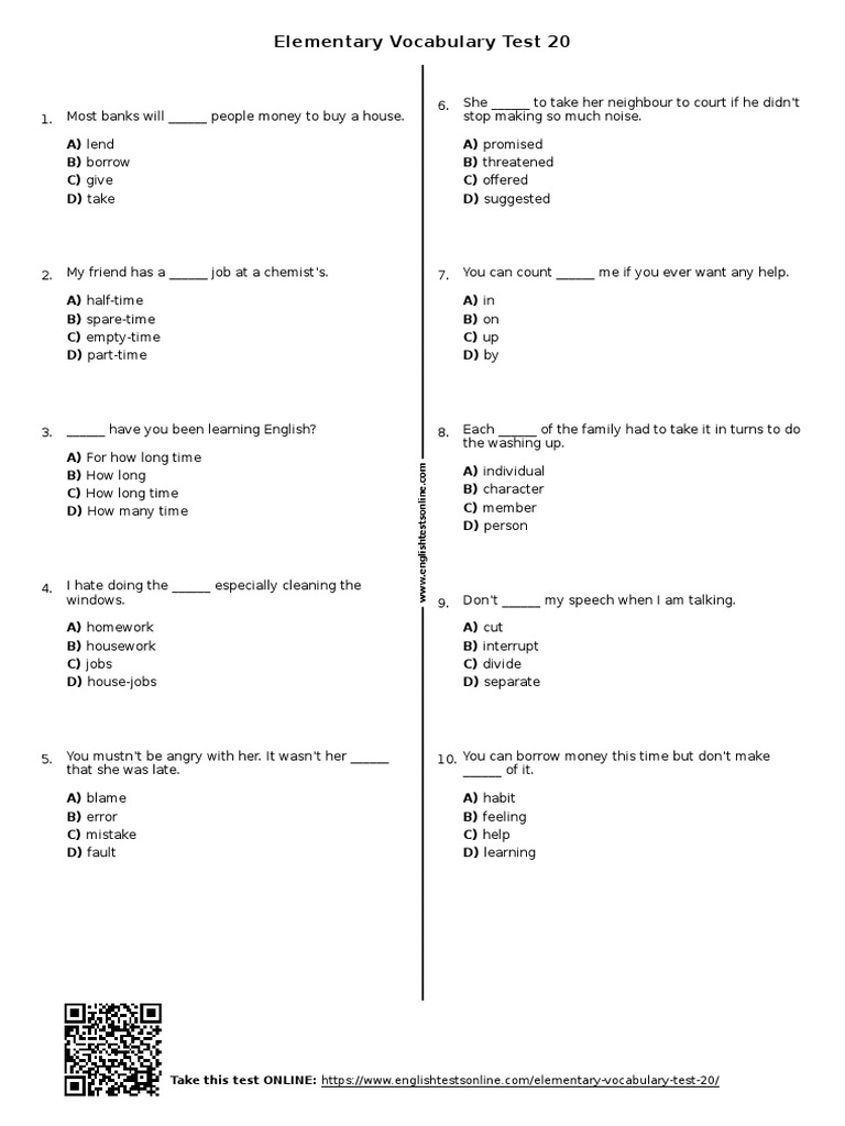 Elementary Vocabulary Test Exercises Test Elementary Vocabul