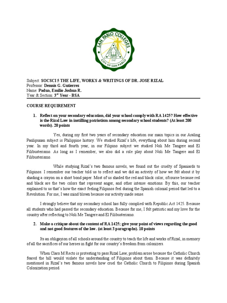 Padua, Emilio Joshua R. - BSA 3rd Year (WORKSHEET FOR RIZAL LAW) | PDF