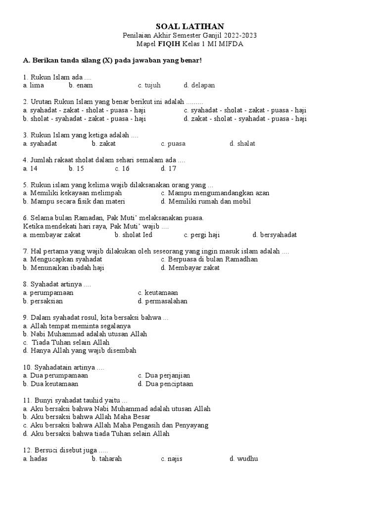 Soal PAS Fiqih Kelas 1 Semester 1 | PDF