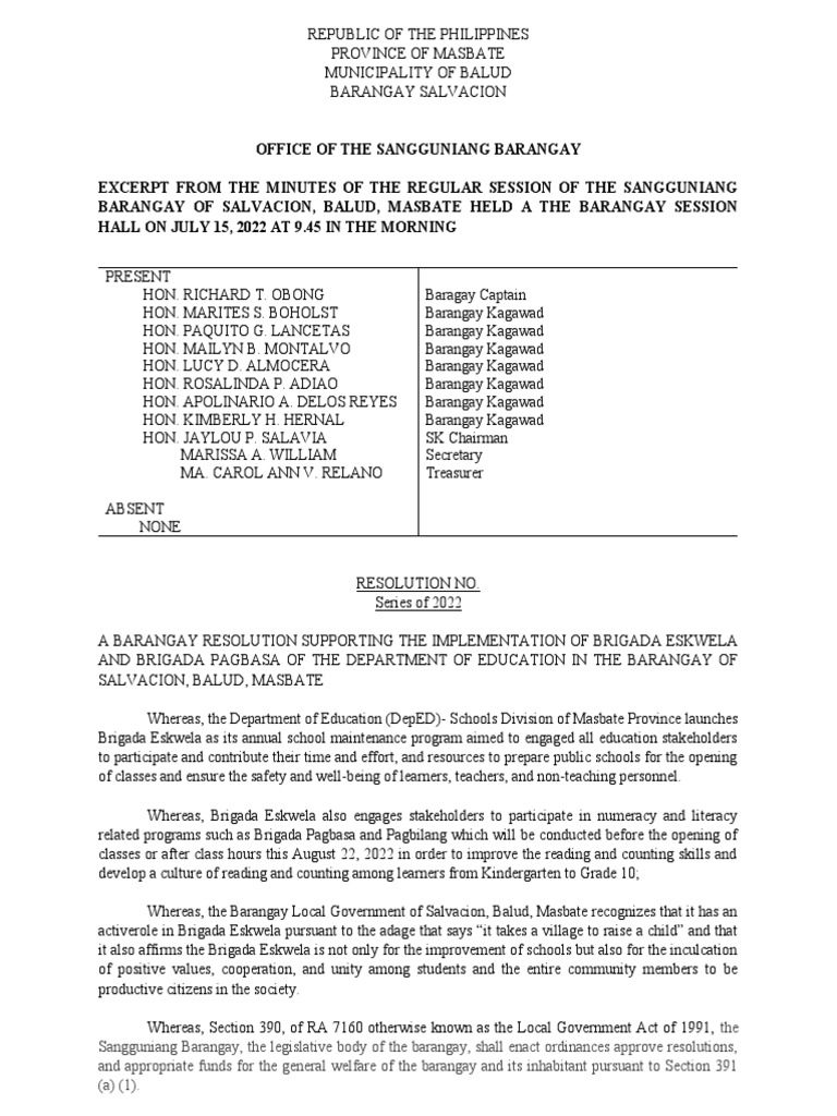 Barangay Resolution For BE | PDF