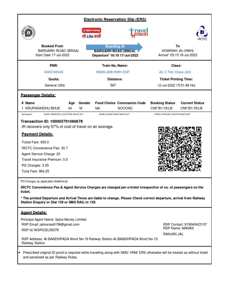 Electronic Reservation Slip (ERS) : 6405169546 18006/JDB HWH EXP AC 3 Tier Class (A3) | PDF ...