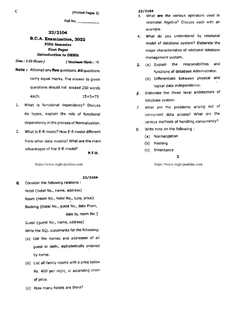 Bca 5 Sem Introduction To Dbms 2104 2022 | PDF