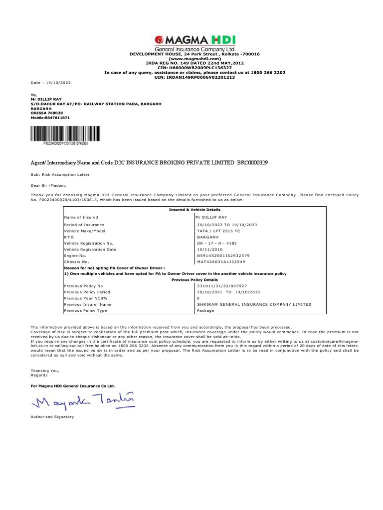 Agent/ Intermediary Name and Code:D2C INSURANCE BROKING PRIVATE LIMITED ...