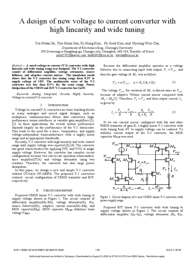 A Design of New Voltage To Current Converter With High Linearity and Wide Tuning | PDF