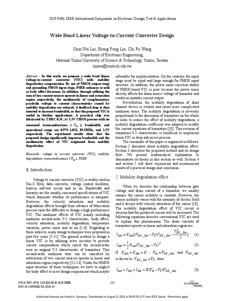 Wide Band Linear Voltage-To-Current Converter Design | PDF | Mosfet ...