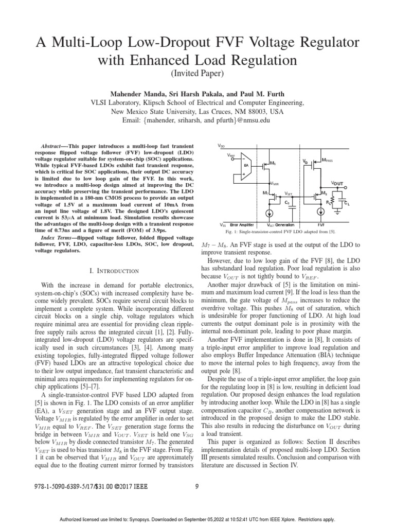 A Multi-Loop Low-Dropout FVF Voltage Regulator With Enhanced Load Regulation | Download Free PDF ...