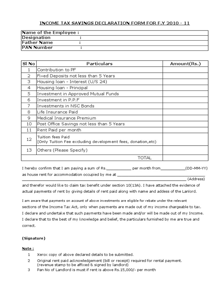 Income Tax Savings Form 2010-11 | PDF