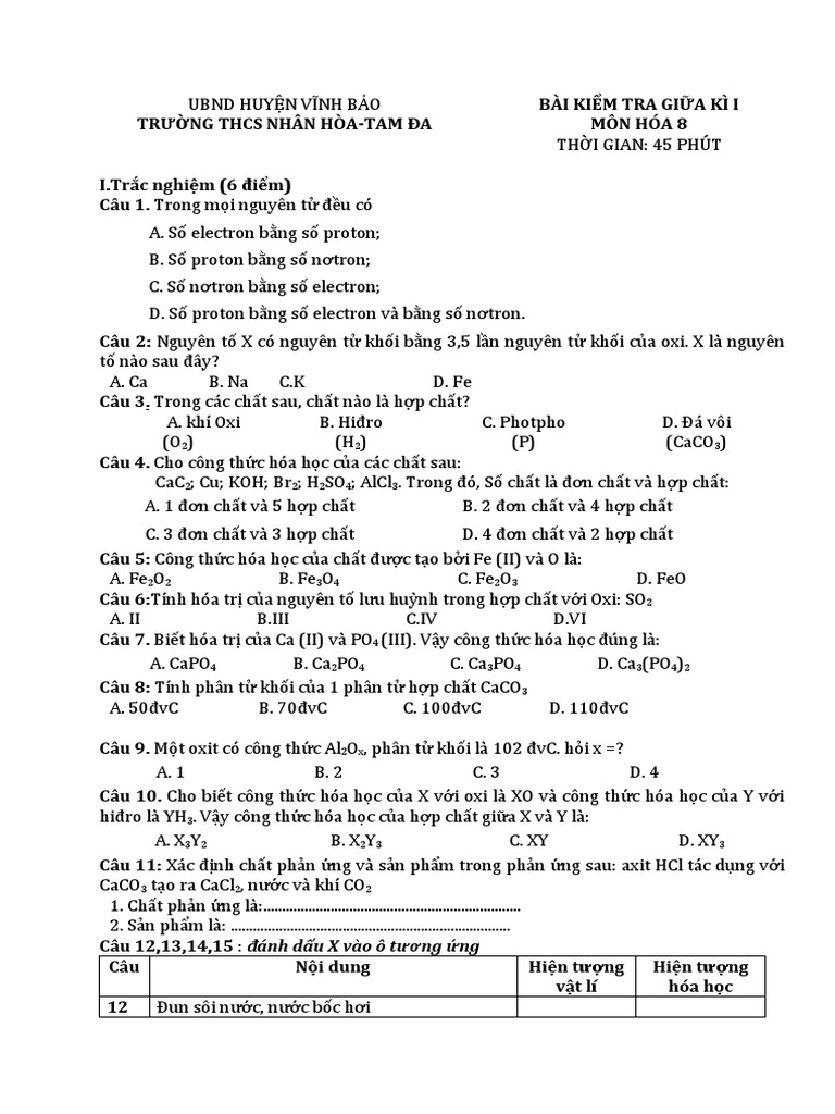 Hoa Hoc 8 Kiem Tra Giua Ki 1 | PDF